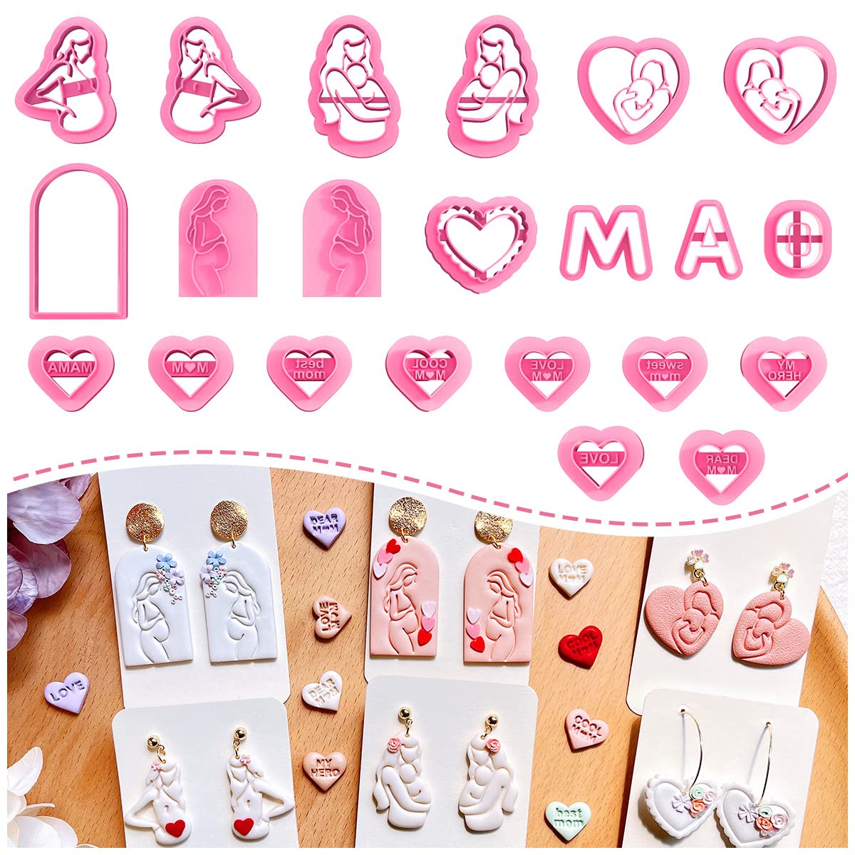 KEOKER Mom Heart Polymer Clay Cutters, Mothers Day Clay Earring Cutters, 22 Shapes Polymer Clay Cutters for Earrings, Mama Stamp Clay Cutters for Polymer Clay Jewelry