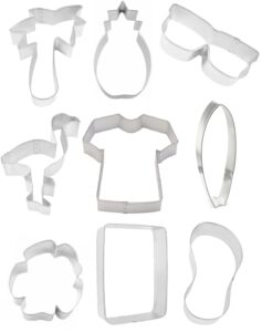 hawaiian luau cookie cutter 9 piece set from the cookie cutter shop - palm tree, hawaiian shirt, tiki, flip flop, surfboard cookie cutters – tin plated steel cookie cutters