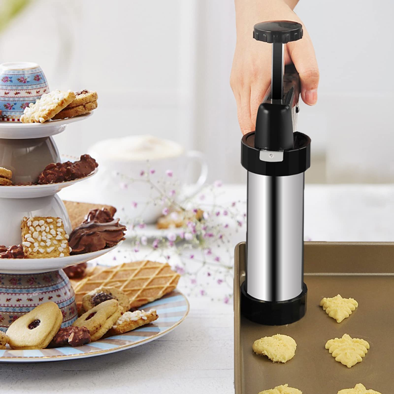 Cookie Press for Baking, Stainless Steel Spritz Cookie Press, Cookie Press Gun Kit with 13 Cookie Press Discs and 8 Icing Tips, for DIY Biscuit Maker, Cake Icing Decoration