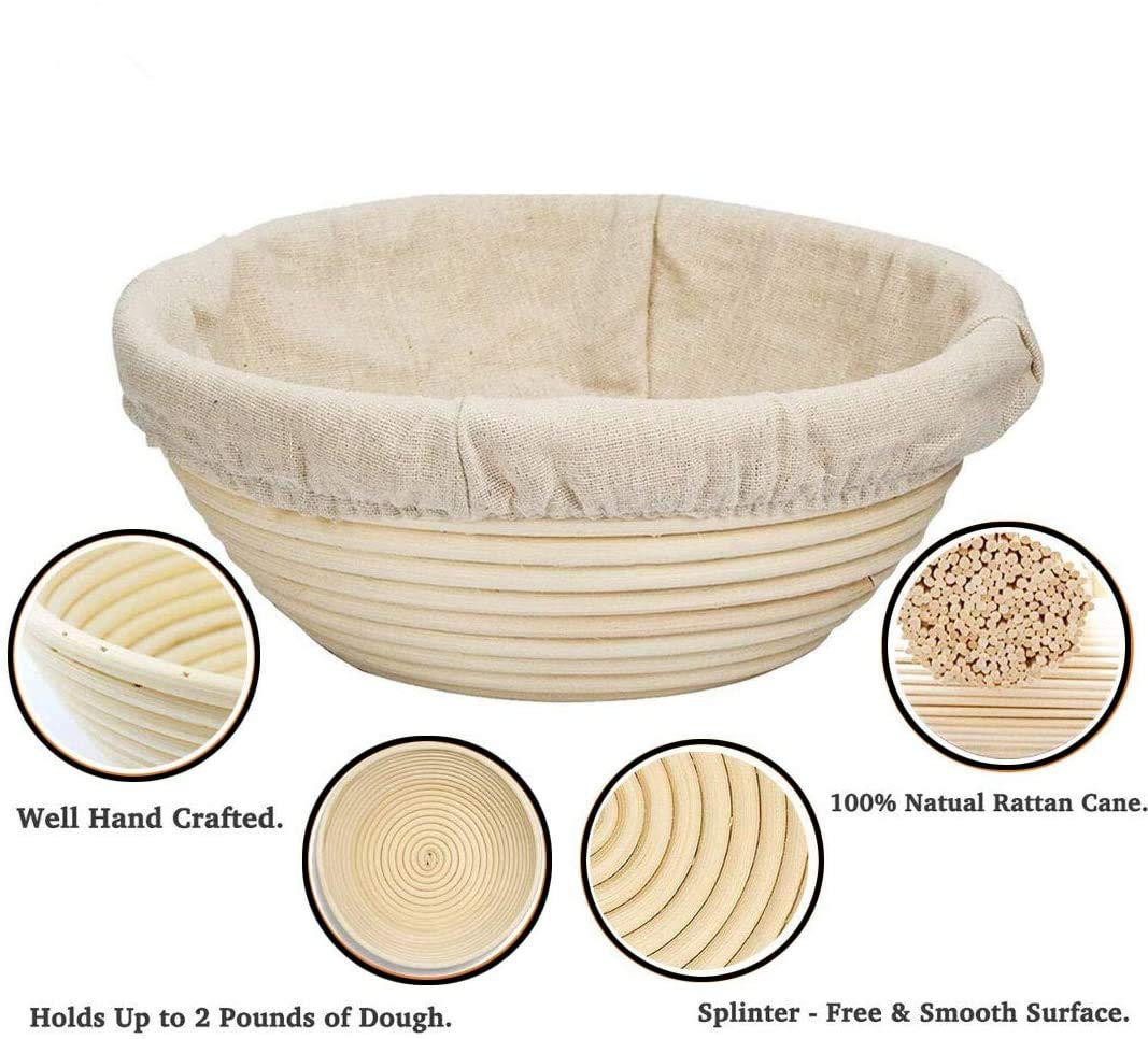 12 Inch Banneton Bread Proofing Basket Set - French Style Artisan Sourdough Bread Bakery Basket Brotform Cloth Liner Included - 100% natural rattan