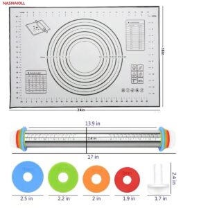 NASNAIOLL Rolling Pin and Baking Pastry Mat Set,Stainless Steel Dough Roller,Rolling Pins with Adjustable Thickness Rings,for Baking Fondant,Pizza,Pie,Pastry,Pasta,Dough