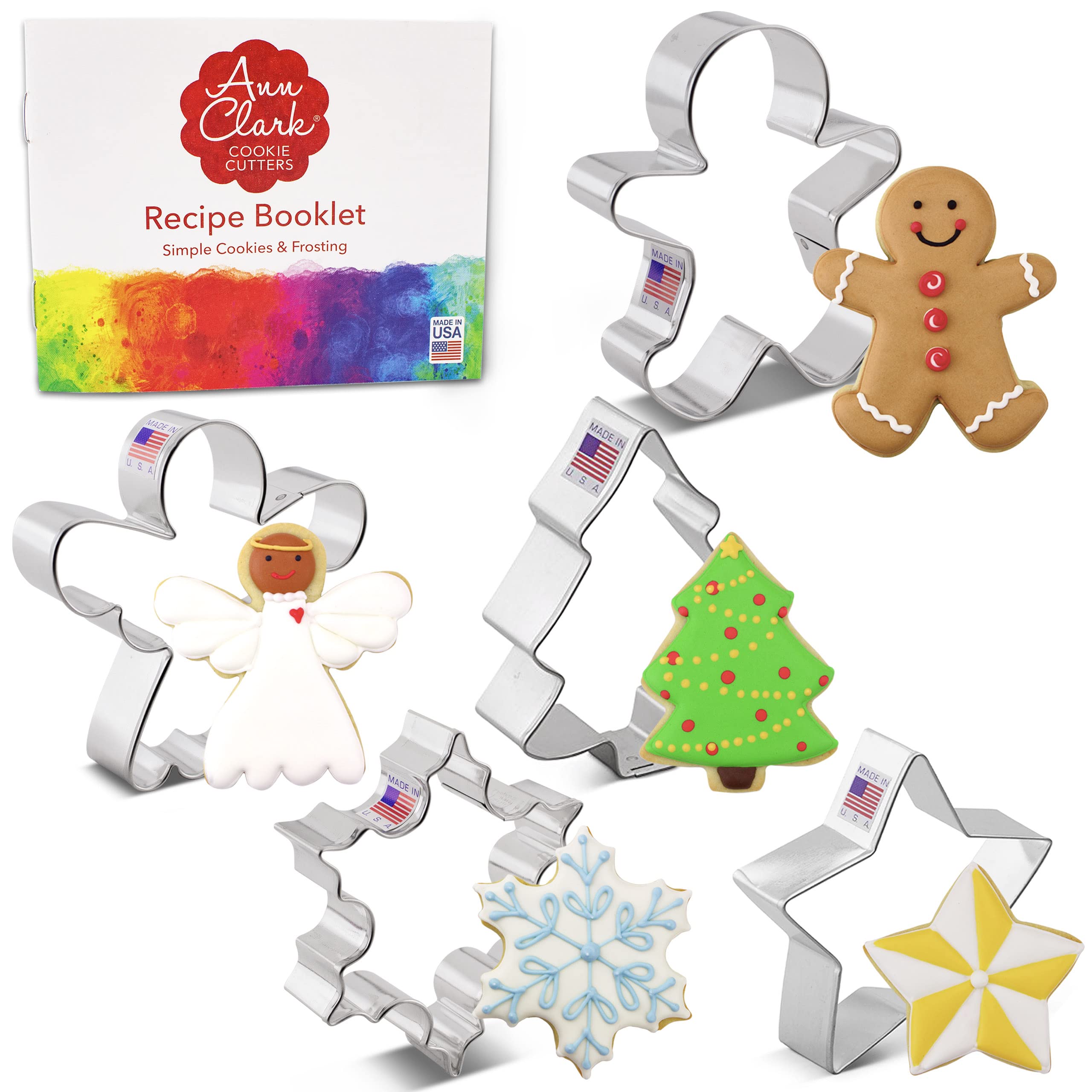 Christmas and Holiday Cookie Cutters 5-Pc Set Made in USA by Ann Clark, Gingerbread Man, Christmas Tree, Star, Snowflake, Angel