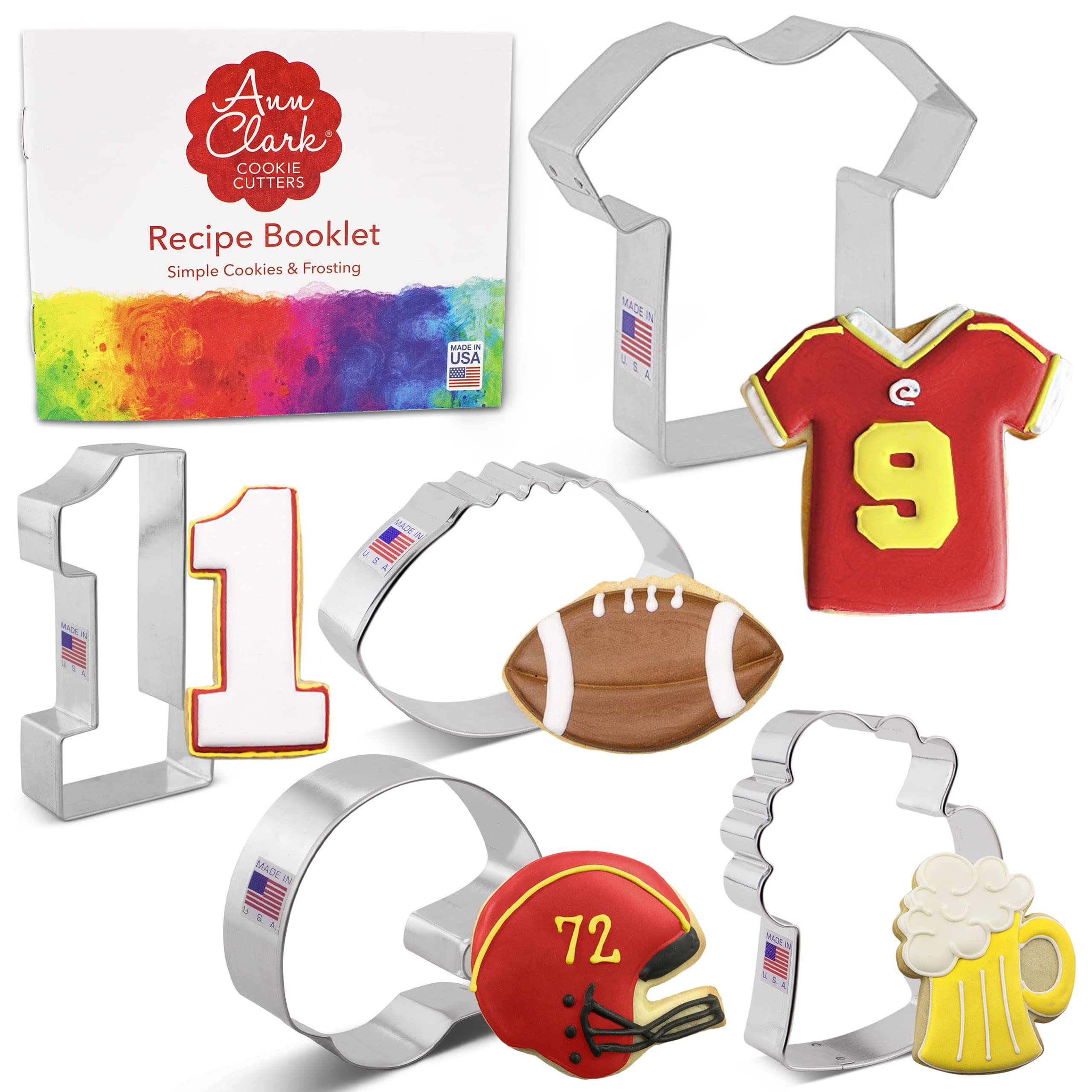 Football Cookie Cutters 5-Pc. Set Made in the USA by Ann Clark, Football, Helmet, Jersey, Beer Mug, Number One