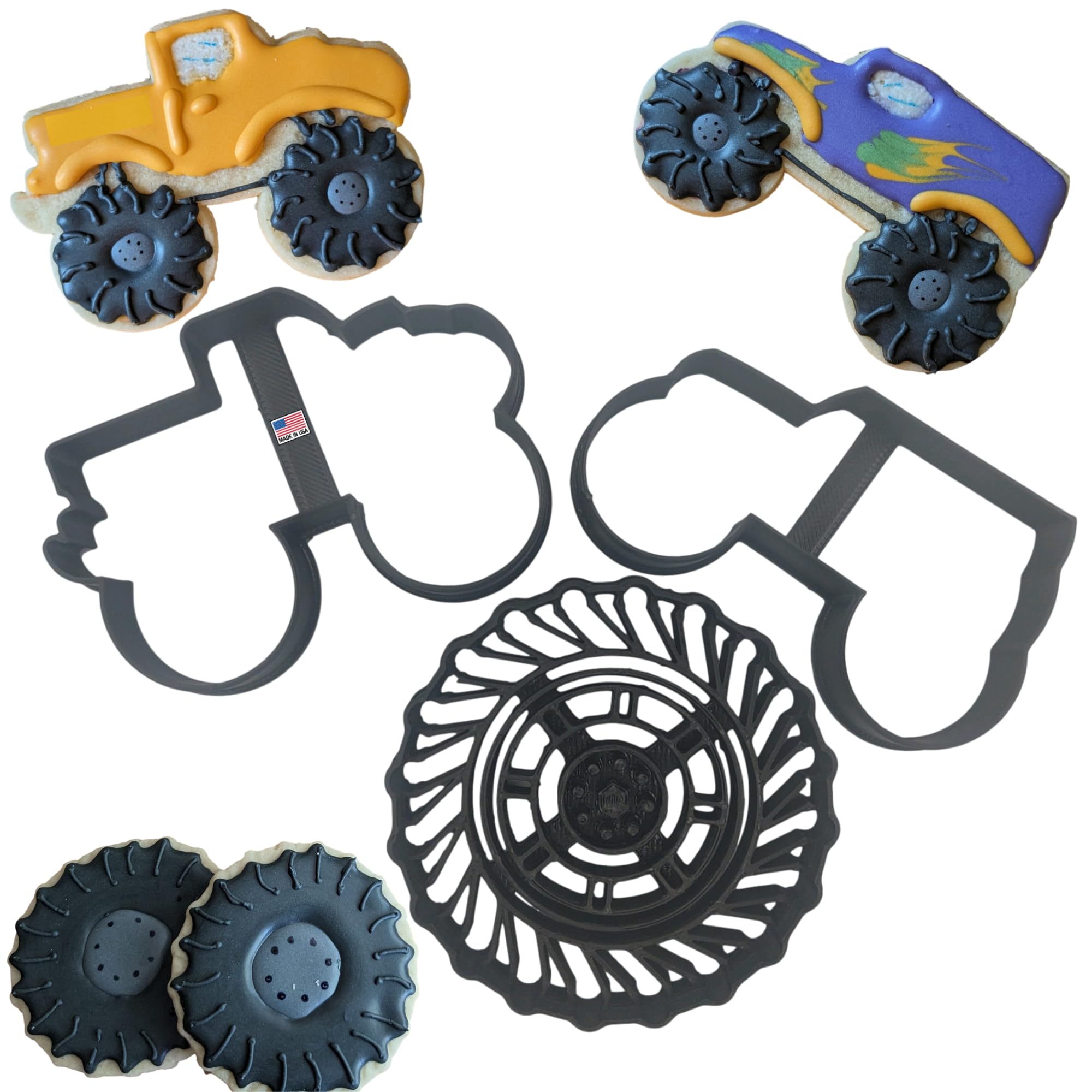 MONSTER TRUCK COOKIE CUTTERS Monster Truck Overland And Off Road Four Wheel Drive (4WD) With Big Oversized Large Wheel Tire Cookie Cutters Made In The USA (3 Pack)