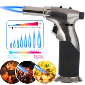 Butane Torch Lighter with Adjustable Flame, One Handed Blow Torch with Safety Lock, Refillable Cooking Torch for Creme Brulee, Grilling, Desserts, BBQ, Baking(Butane Gas Not Included) (black grey)