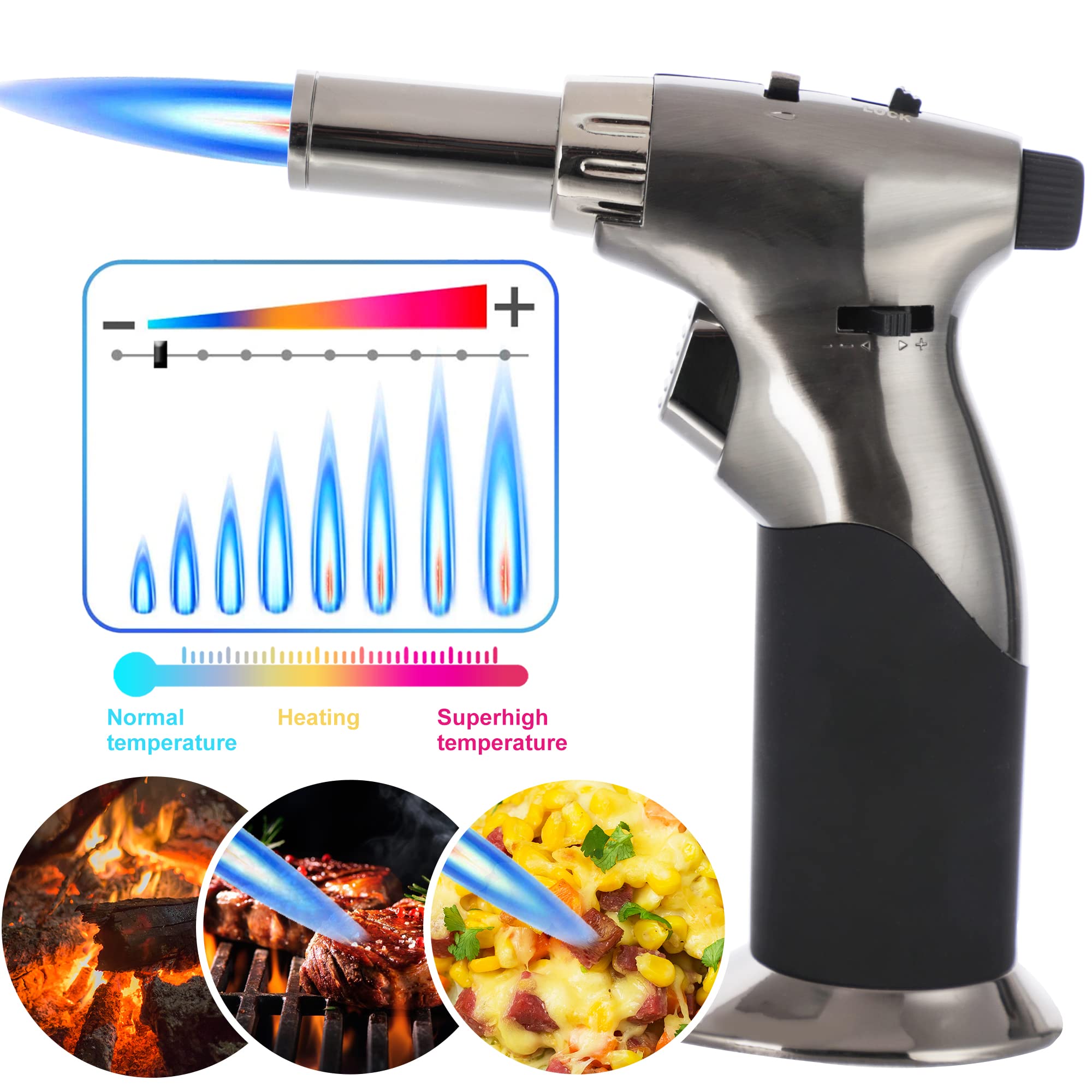 Butane Torch Lighter with Adjustable Flame, One Handed Blow Torch with Safety Lock, Refillable Cooking Torch for Creme Brulee, Grilling, Desserts, BBQ, Baking(Butane Gas Not Included) (black grey)