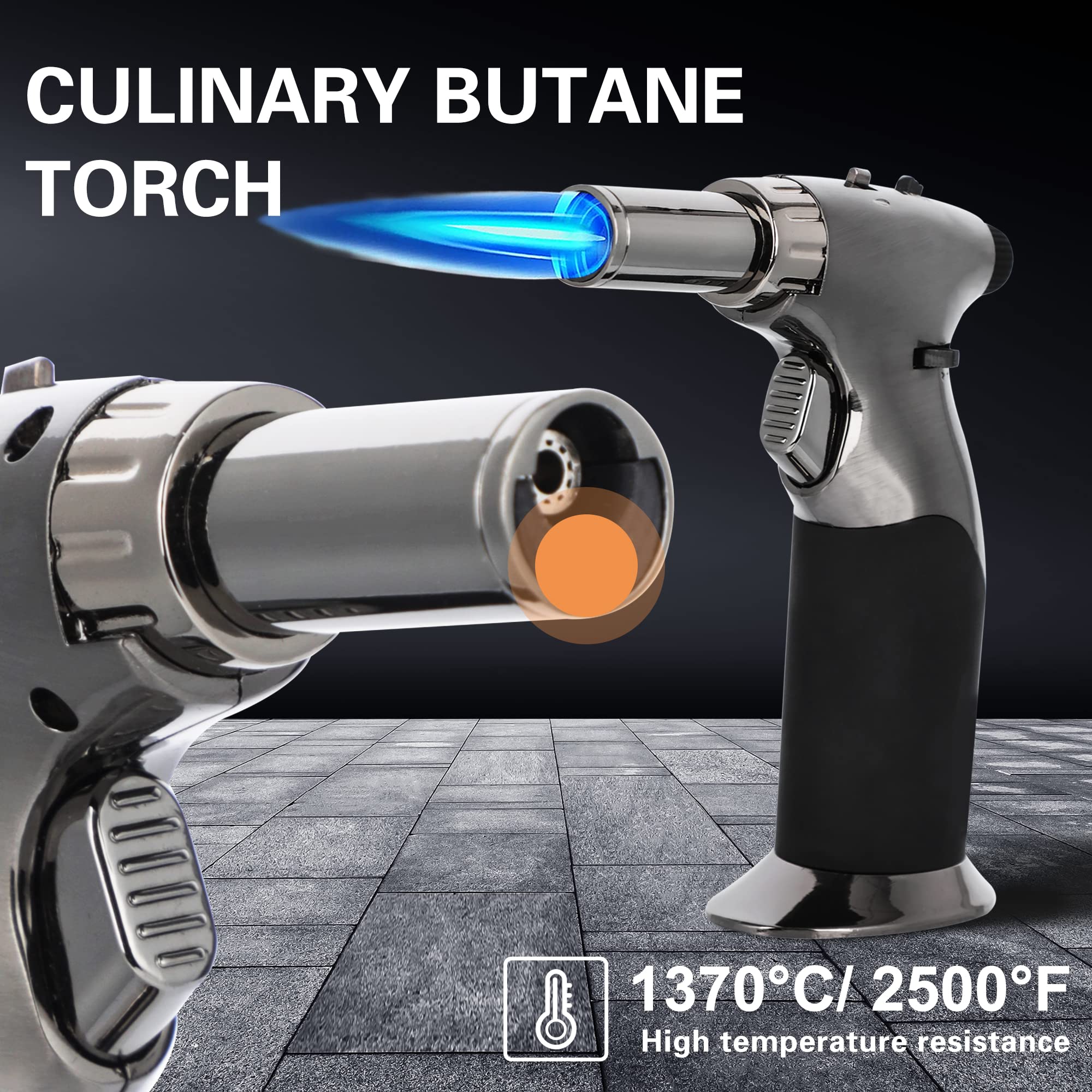 Butane Torch Lighter with Adjustable Flame, One Handed Blow Torch with Safety Lock, Refillable Cooking Torch for Creme Brulee, Grilling, Desserts, BBQ, Baking(Butane Gas Not Included) (black grey)