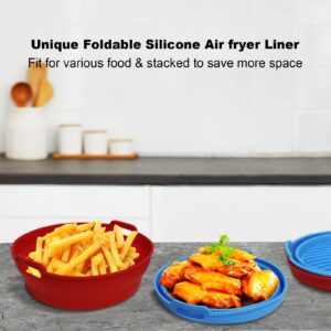 2 Pack Air Fryer Silicone Liners 8.5 Inch Foldable Silicone Air Fryer Basket Liners Reusable air fryer Silicone Pot Non Stick Food Safe Oven Silicone Baking Liners for 5 to 7 QT Air Fryer with Gloves