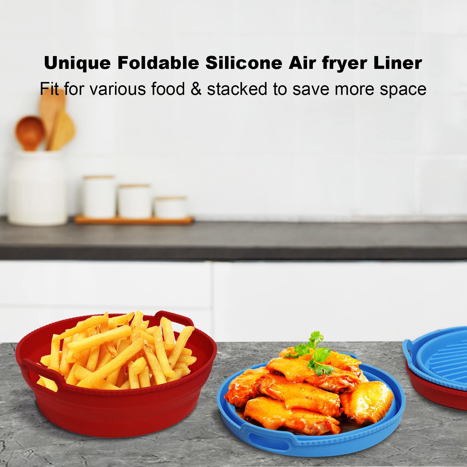 2 Pack Air Fryer Silicone Liners 8.5 Inch Foldable Silicone Air Fryer Basket Liners Reusable air fryer Silicone Pot Non Stick Food Safe Oven Silicone Baking Liners for 5 to 7 QT Air Fryer with Gloves