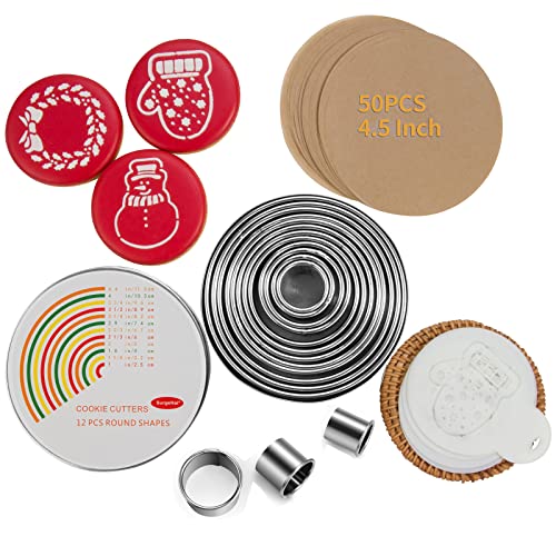 SurgeHai Round Cookie Cutter Set of 12, With 5 PCS Cookie Stencil for Decorating Christmas Cookie, Bonus 50 PCS Burger Patty Paper for Separating Burger Patty, Cookies