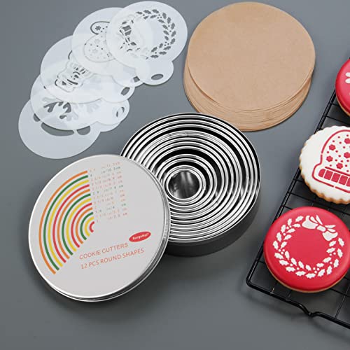 SurgeHai Round Cookie Cutter Set of 12, With 5 PCS Cookie Stencil for Decorating Christmas Cookie, Bonus 50 PCS Burger Patty Paper for Separating Burger Patty, Cookies