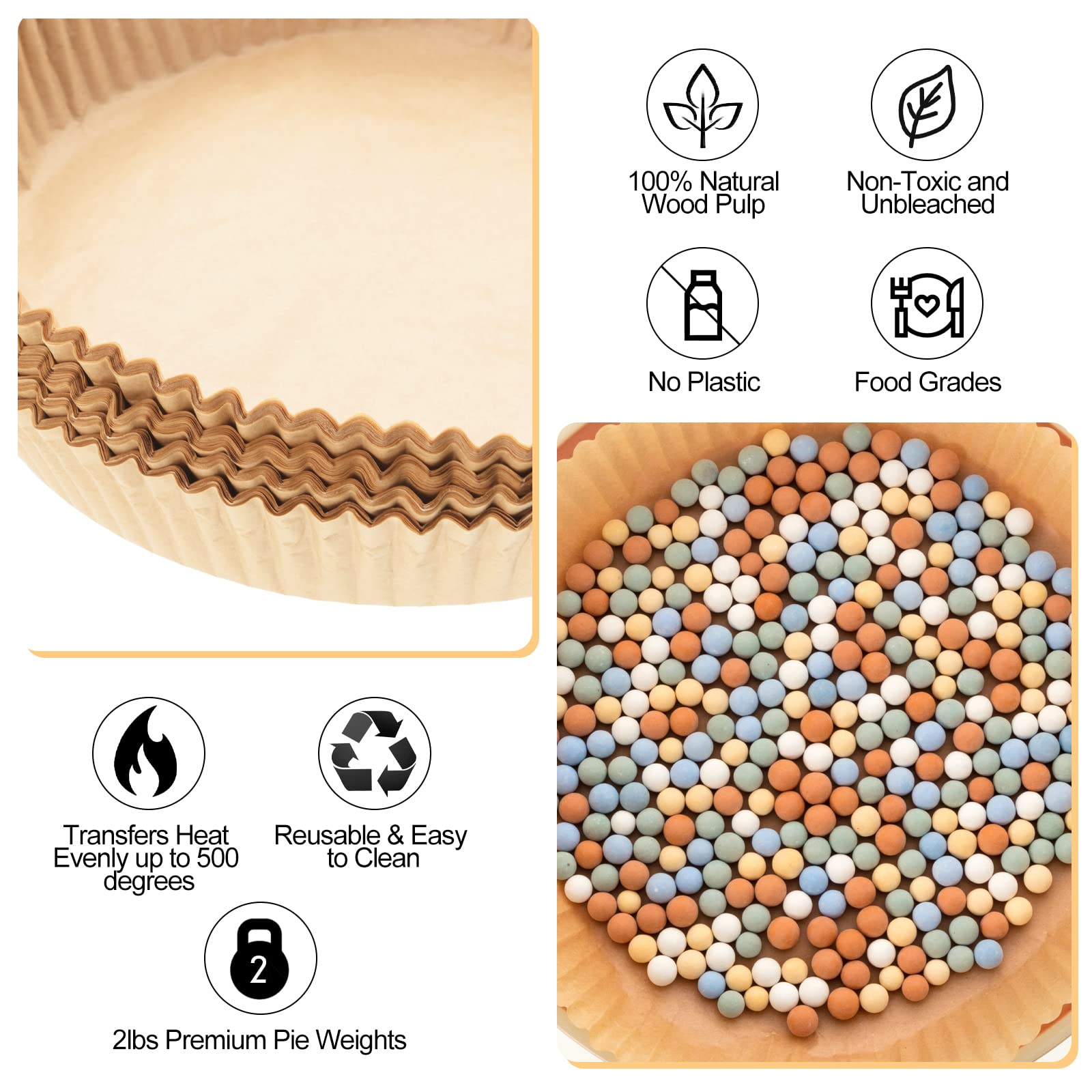 2 lb Pie Weights for Baking Ceramic Pie Crust Weights Blind Baking Beads with 50 Pcs Disposable Parchment Paper Pie Liner Fit 8,9,10 Inch Dish (Multi Color, 1 Pcs)