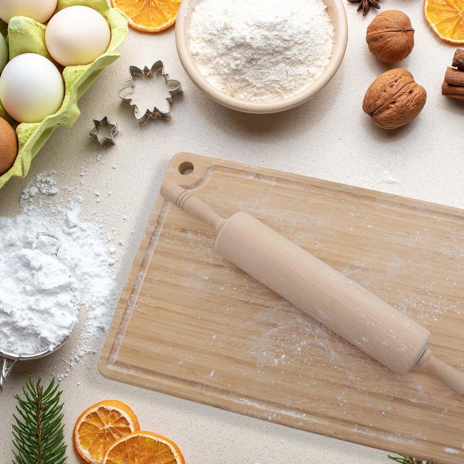 Classic Rolling Pin for Baking 18'' Long - Gifbera Beech Wood Dough Roller Pin with Handles for Bread Pastry Pizza Fondant Pie Crust