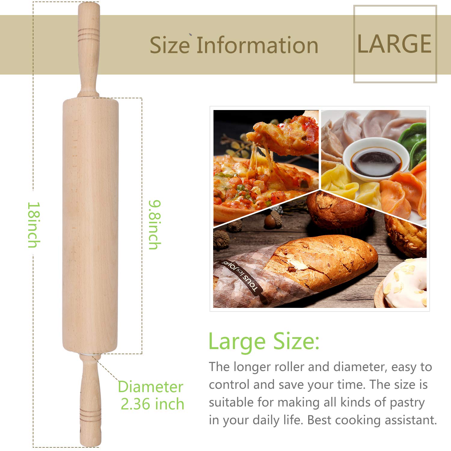 Classic Rolling Pin for Baking 18'' Long - Gifbera Beech Wood Dough Roller Pin with Handles for Bread Pastry Pizza Fondant Pie Crust