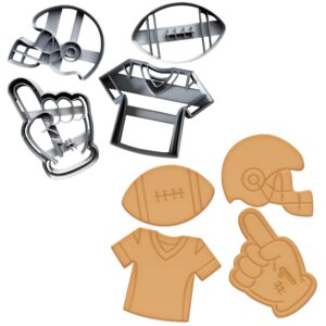 moose goods football cookie cutter set of 4 - sports cookie cutters shapes, food safe plastic - themed football cookie cutters for birthday football cookies - football, helmet, jersey & foam finger