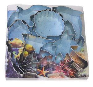 r&m international seven seas ocean cookie cutters, seagull, angel fish, palm tree, seashell, seahorse, dolphin, shark, 7-piece set