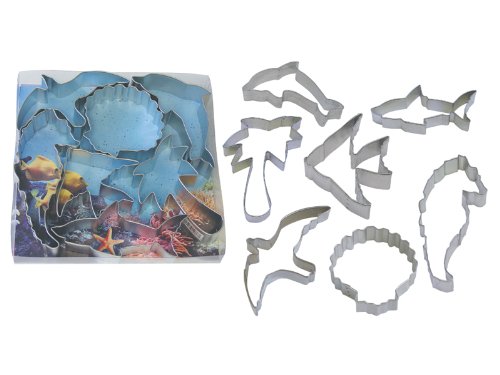 R&M International Seven Seas Ocean Cookie Cutters, Seagull, Angel Fish, Palm Tree, Seashell, Seahorse, Dolphin, Shark, 7-Piece Set