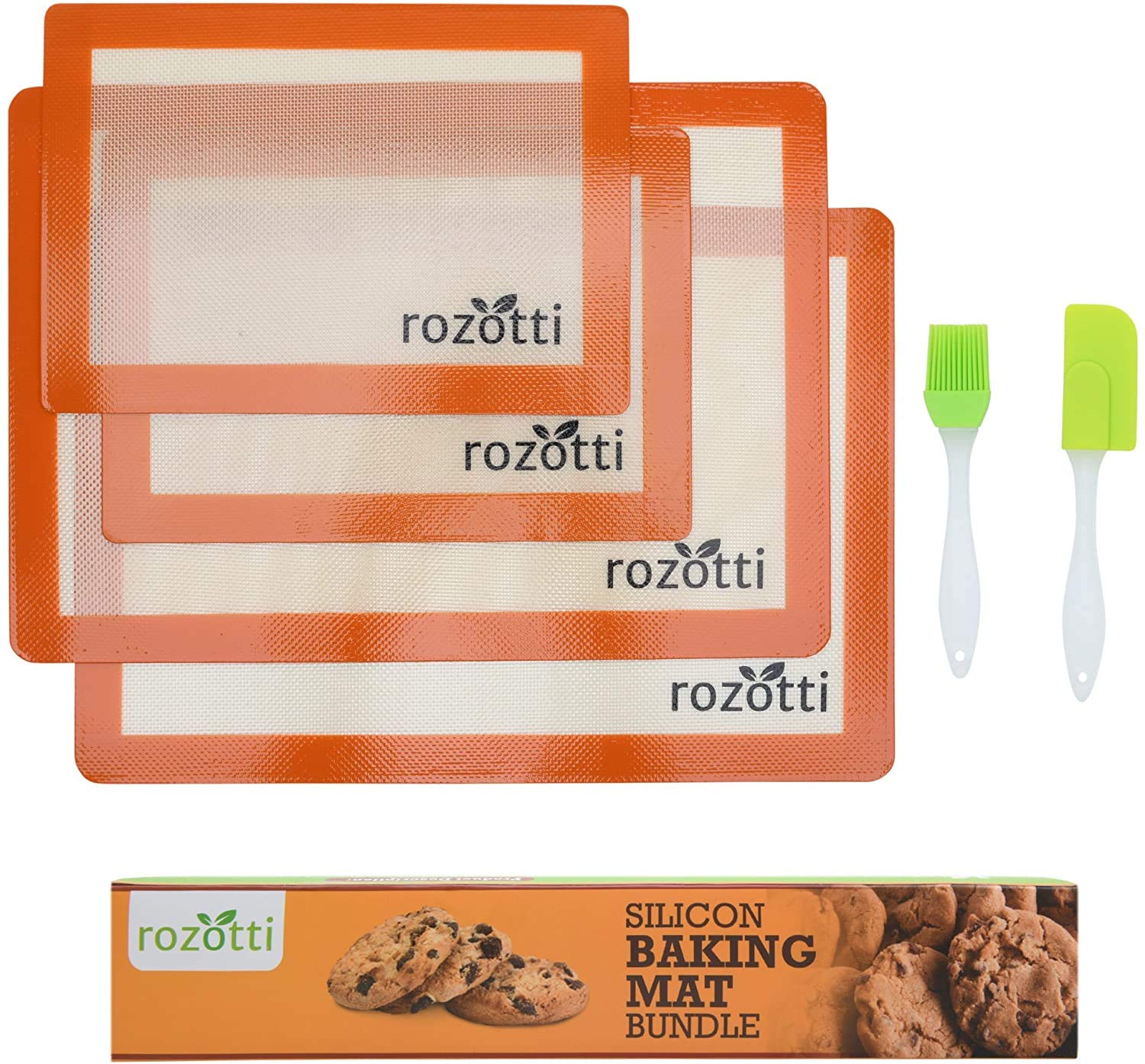 ERNITERTY Rozotti Silicone Baking Mat Bundle (6-Piece Set) 2 Half Sheets Silicone Baking Mat and 2 Quarter Sheets Silicone Baking Mat, Silicone Baking Brush, Silicone Baking Spatula, Orange