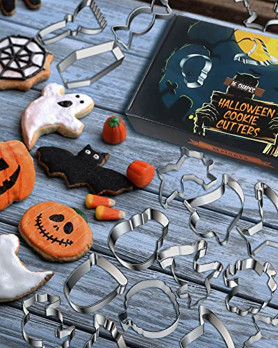 16 Pcs Halloween Cookie Cutters Large Fall Set with Decorating Instructions Stainless Steel Pumpkin Witch Hat Cat Bat Skull Ghost Spider Broom And More