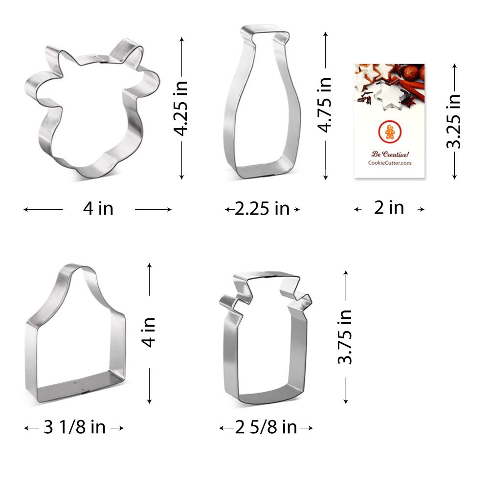 Dairy Farm Cow Cookie Cutter 4 Pc Set – Cow Face, Milk Bottle, Ear Tag, Milk Jug Cookie Cutters and Cookie Recipe Card Hand Made in the USA from Tin Plated Steel