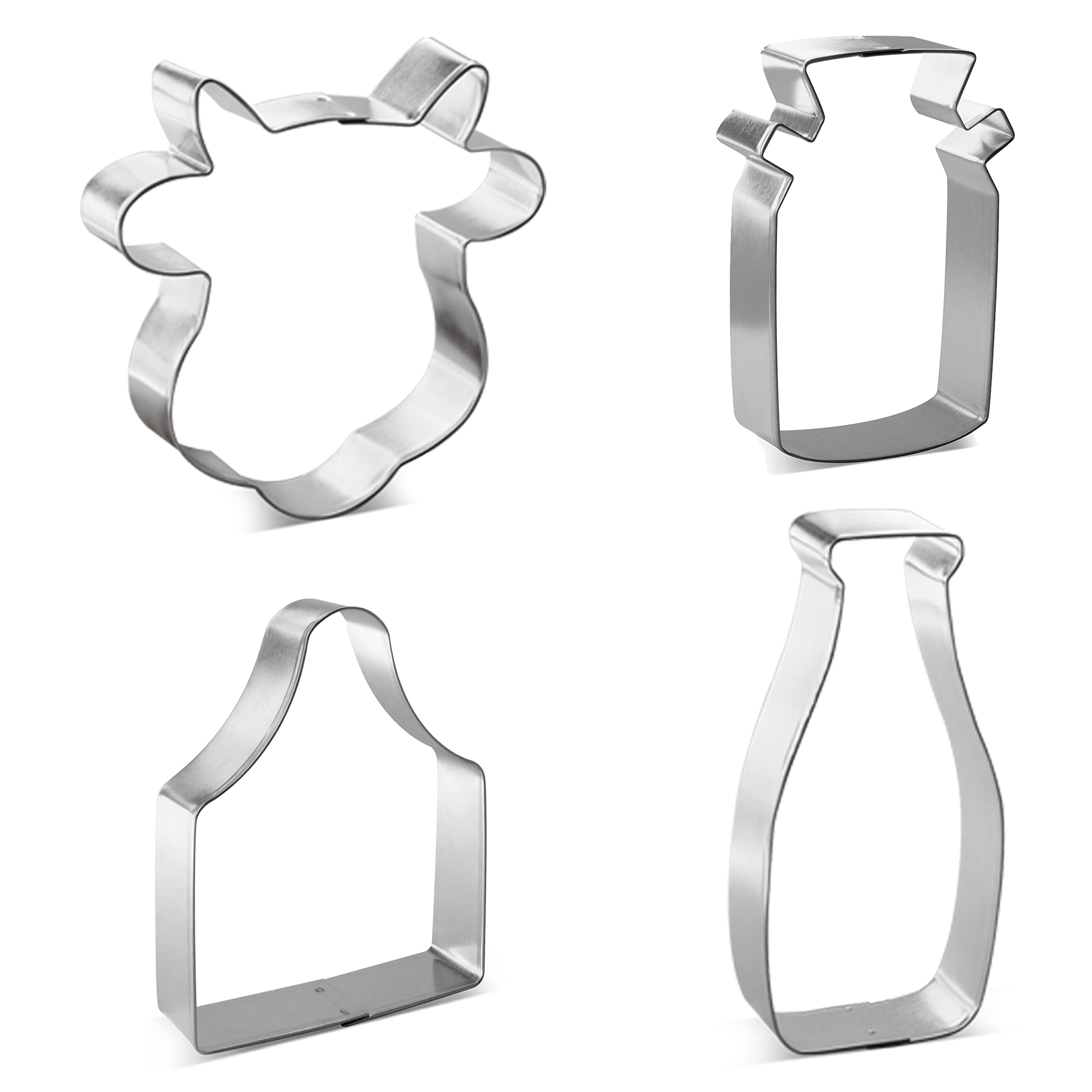 Dairy Farm Cow Cookie Cutter 4 Pc Set – Cow Face, Milk Bottle, Ear Tag, Milk Jug Cookie Cutters and Cookie Recipe Card Hand Made in the USA from Tin Plated Steel