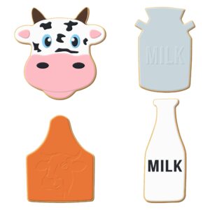 Dairy Farm Cow Cookie Cutter 4 Pc Set – Cow Face, Milk Bottle, Ear Tag, Milk Jug Cookie Cutters and Cookie Recipe Card Hand Made in the USA from Tin Plated Steel