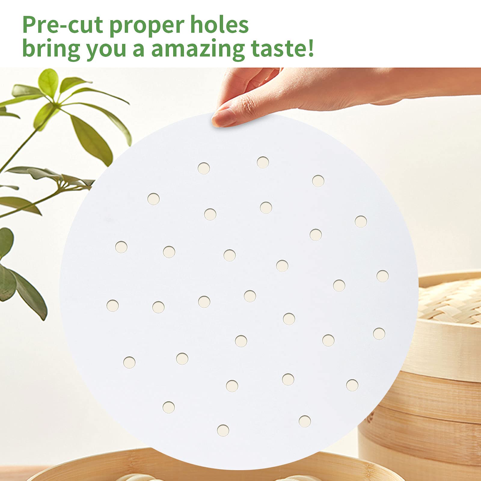 PROKITCHEN 200pcs Air Fryer Liners 8 inch (20.3cm) Round Bamboo Steamer Liners Premium Perforated Parchment Paper Sheets Non-stick Basket Mat for Air Fryers Steaming Baking Dumplings Cooking