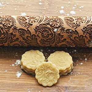 Embossed Rolling Pins for Baking, Small Wooden Roller Pin with Textured Pattern, Best Gift for Wedding, Holiday, Mother, Friends (Flower)