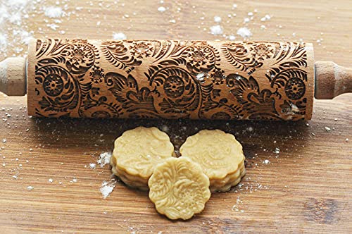 Embossed Rolling Pins for Baking, Small Wooden Roller Pin with Textured Pattern, Best Gift for Wedding, Holiday, Mother, Friends (Flower)