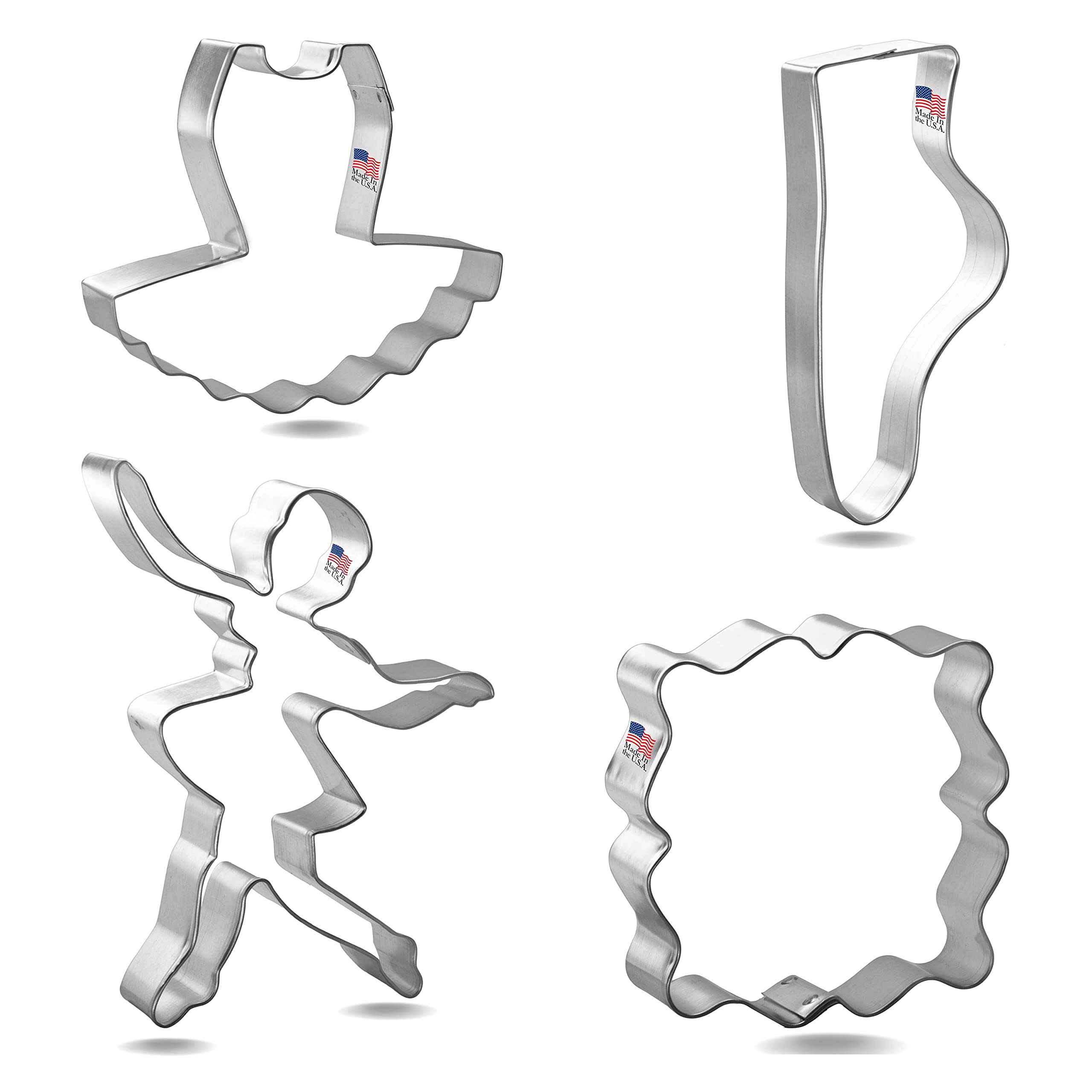 Foose Cookie Cutters 4 Piece Ballet Cookie Cutter Set Ballerina, Tutu, Ballet Slipper, Fancy Square, USA