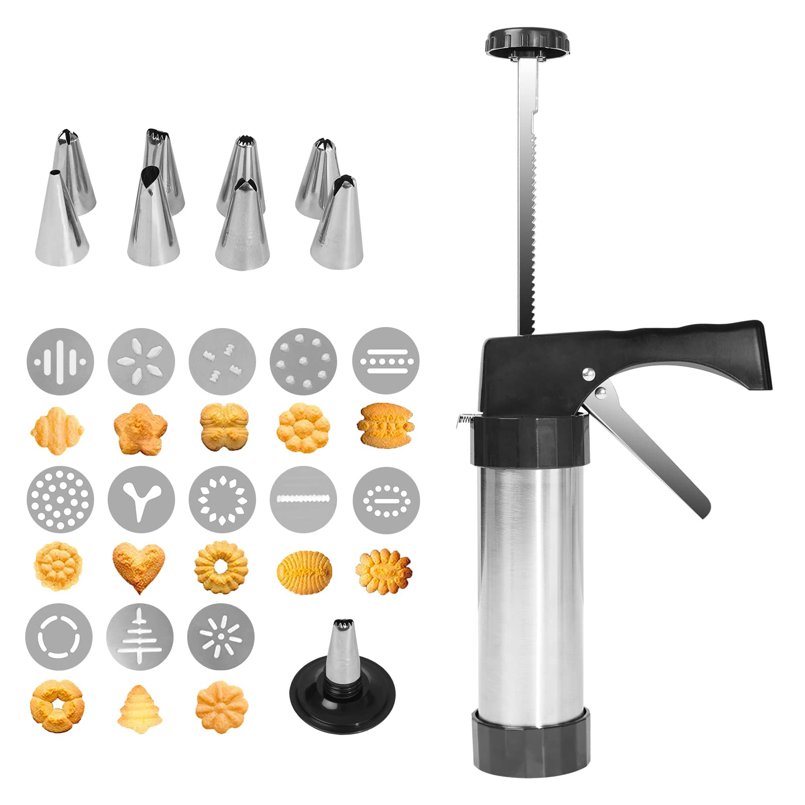 Cookie Press,Stainless Steel Icing Decoration Press Gun Kit with 13 Cookie Mold Discs 8 Piping Nozzles for Home DIY Biscuit Maker and Cake Decorating Tool