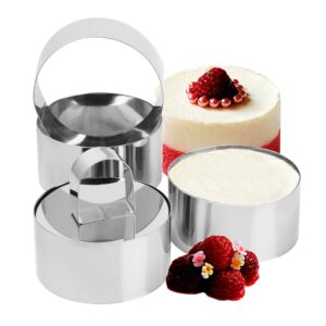 set of 4 - round stainless steel small cake rings, mousse and pastry mini baking ring mold with pusher