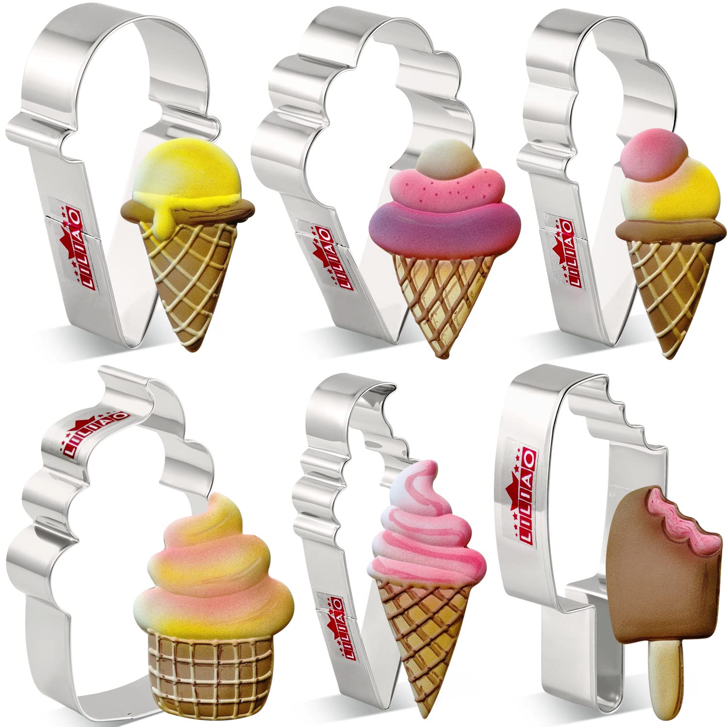 LILIAO Summer Ice Cream Cookie Cutter Set Sundae/Popsicle Biscuit and Fondant Cutters - 6 Piece - 3.6, 4.5, 4.2, 4, 4.3 and 3.7 inches - Stainless Steel