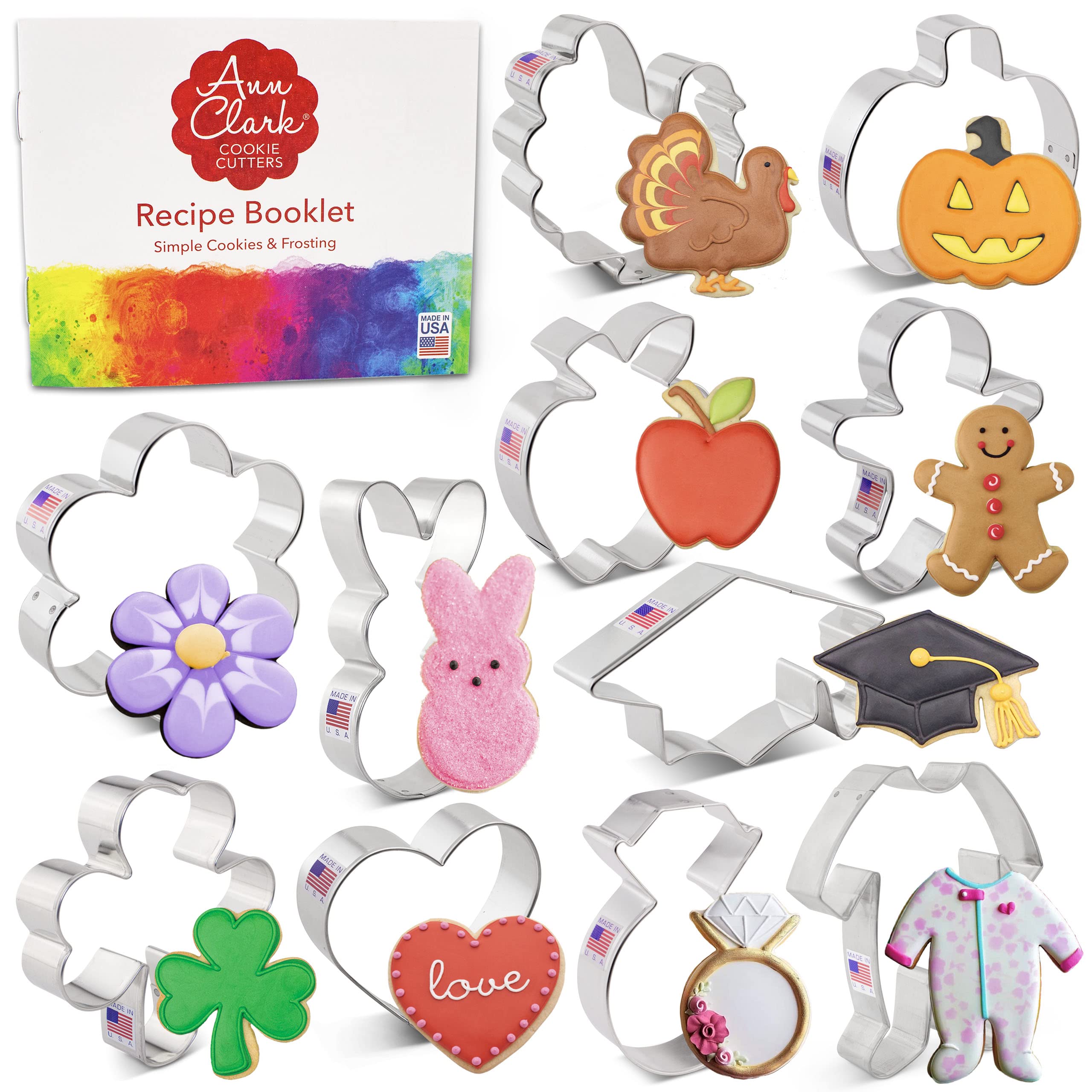 Every Occasion Cookie Cutters 11-Pc. Set Made in USA by Ann Clark, Turkey, Pumpkin, Apple, Easter Bunny, Heart, and more