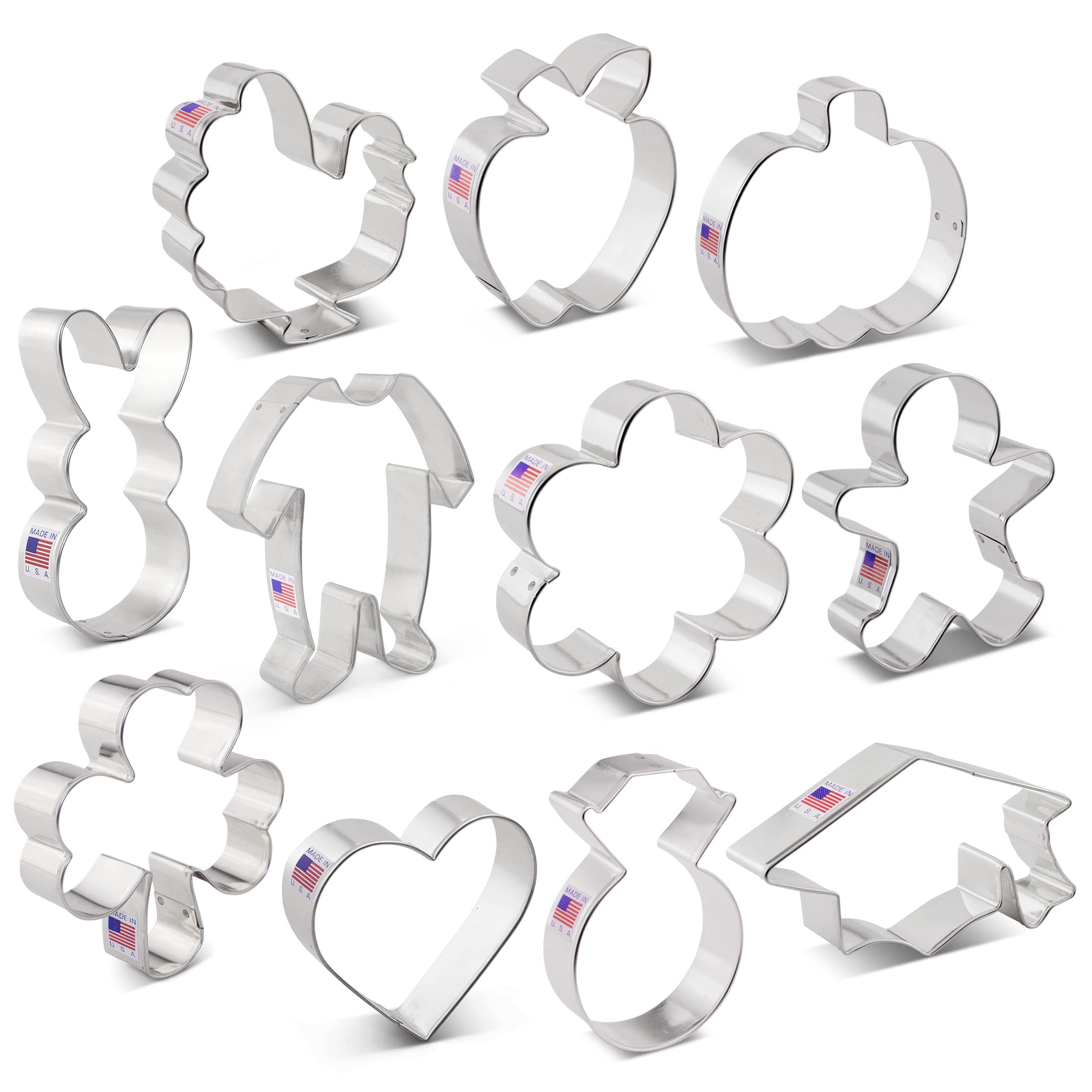 Every Occasion Cookie Cutters 11-Pc. Set Made in USA by Ann Clark, Turkey, Pumpkin, Apple, Easter Bunny, Heart, and more