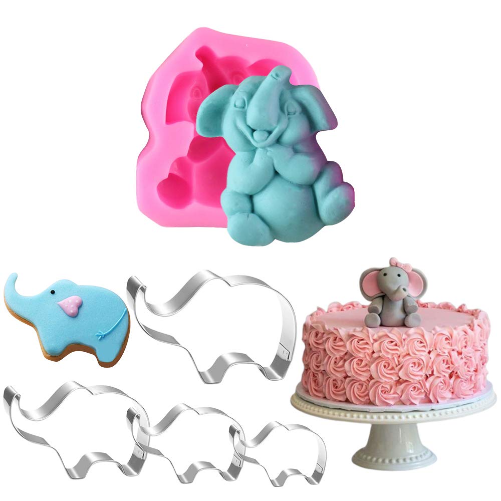 6Pcs/Set Elephant Silicone Molds & Stainless Steel Cookie Cutters for Baby Shower, Elephant Fondant Gum Paste Cake Topper Decoration Tools Boy Girl Baby Shower Birthday Party Favors Supplies