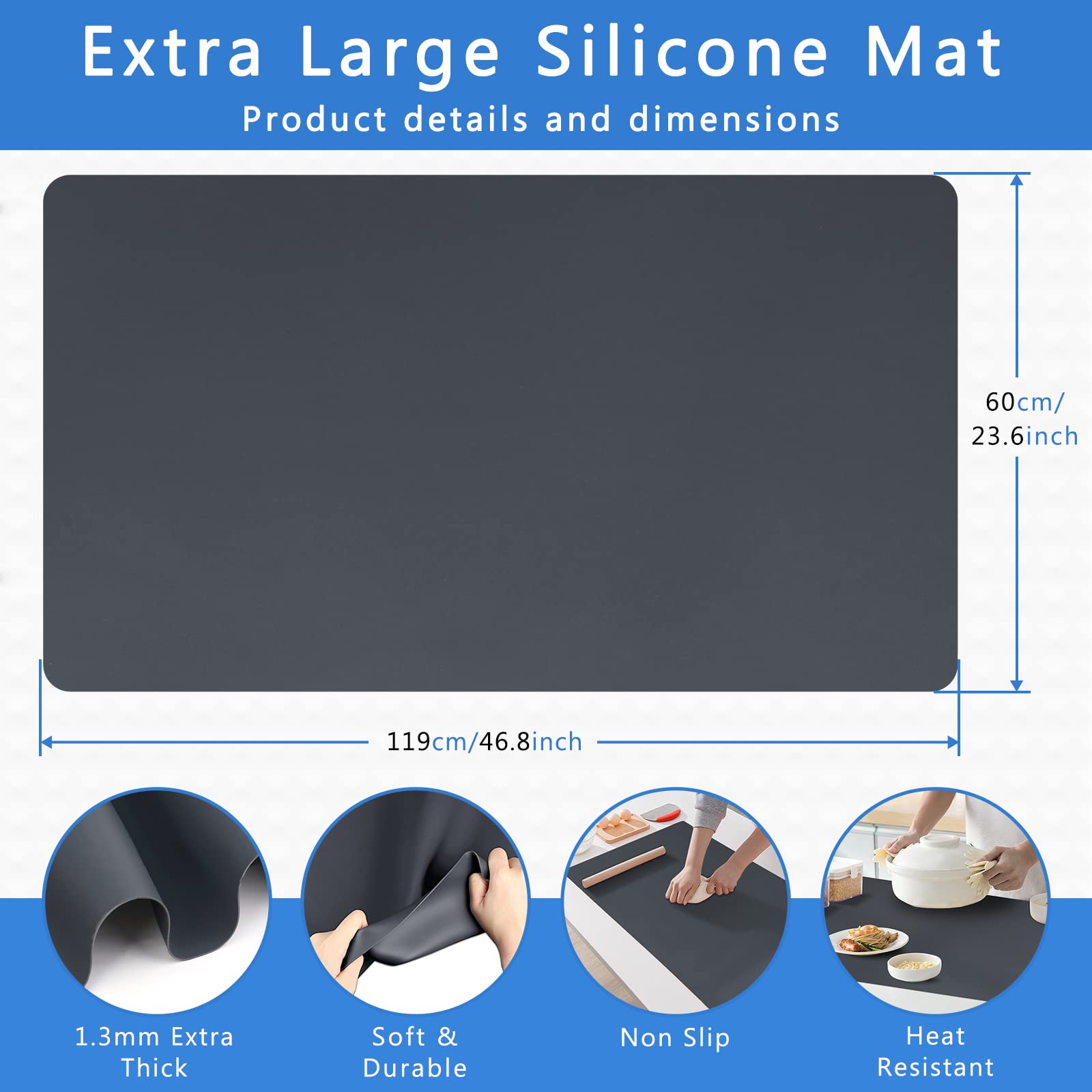 Large Silicone Mats for Kitchen Counter 0.05" Thick 46.8" Long X 23.6" Wide Gray, Heat Resistant Protector Pad Multipurpose Mat for Cooktop Table, Pets Mats, Art Painting Mats, Placemat