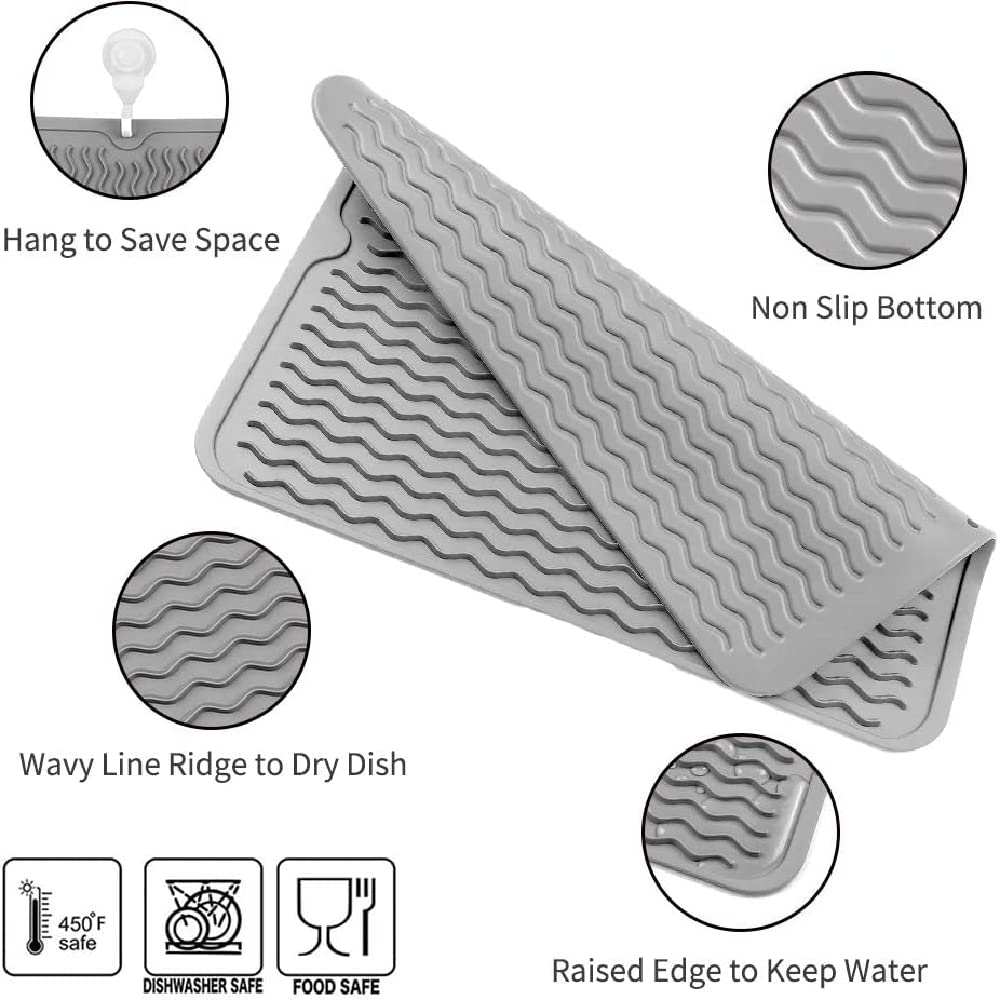 Better-Love Silicone Dish Drying Mat for Multiple Usage,Coffee Mat,Easy clean,Eco-friendly,Heat-resistant Silicone Mat for Kitchen Counter or Sink,Refrigerator or Drawer liner Grey L 16x12 inches