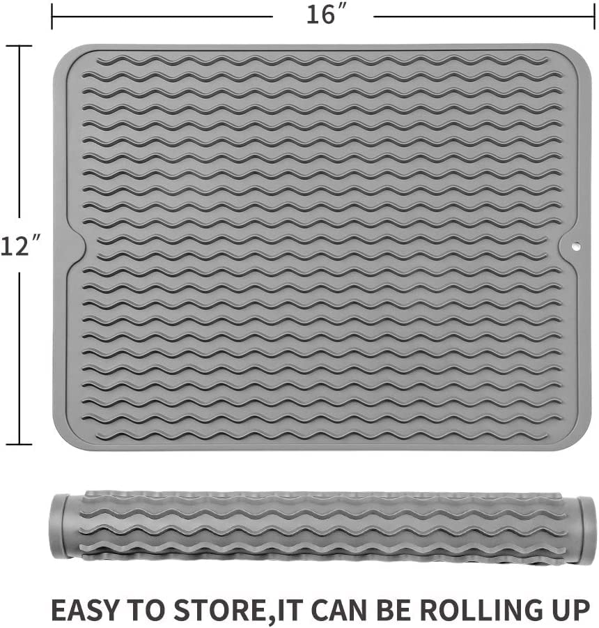 Better-Love Silicone Dish Drying Mat for Multiple Usage,Coffee Mat,Easy clean,Eco-friendly,Heat-resistant Silicone Mat for Kitchen Counter or Sink,Refrigerator or Drawer liner Grey L 16x12 inches