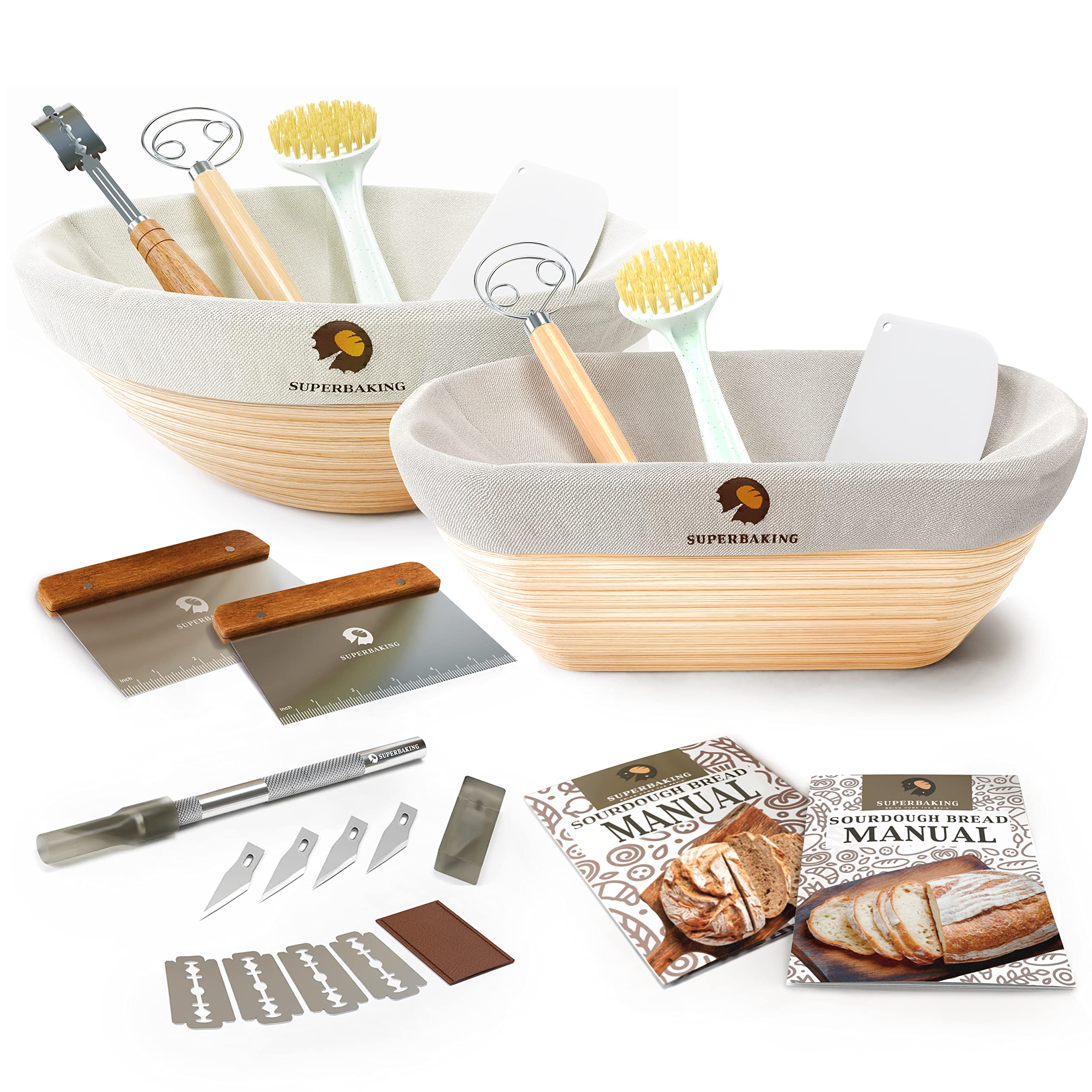 Superbaking Banneton Bread Proofing Basket Set, Round 9" and Oval 10"