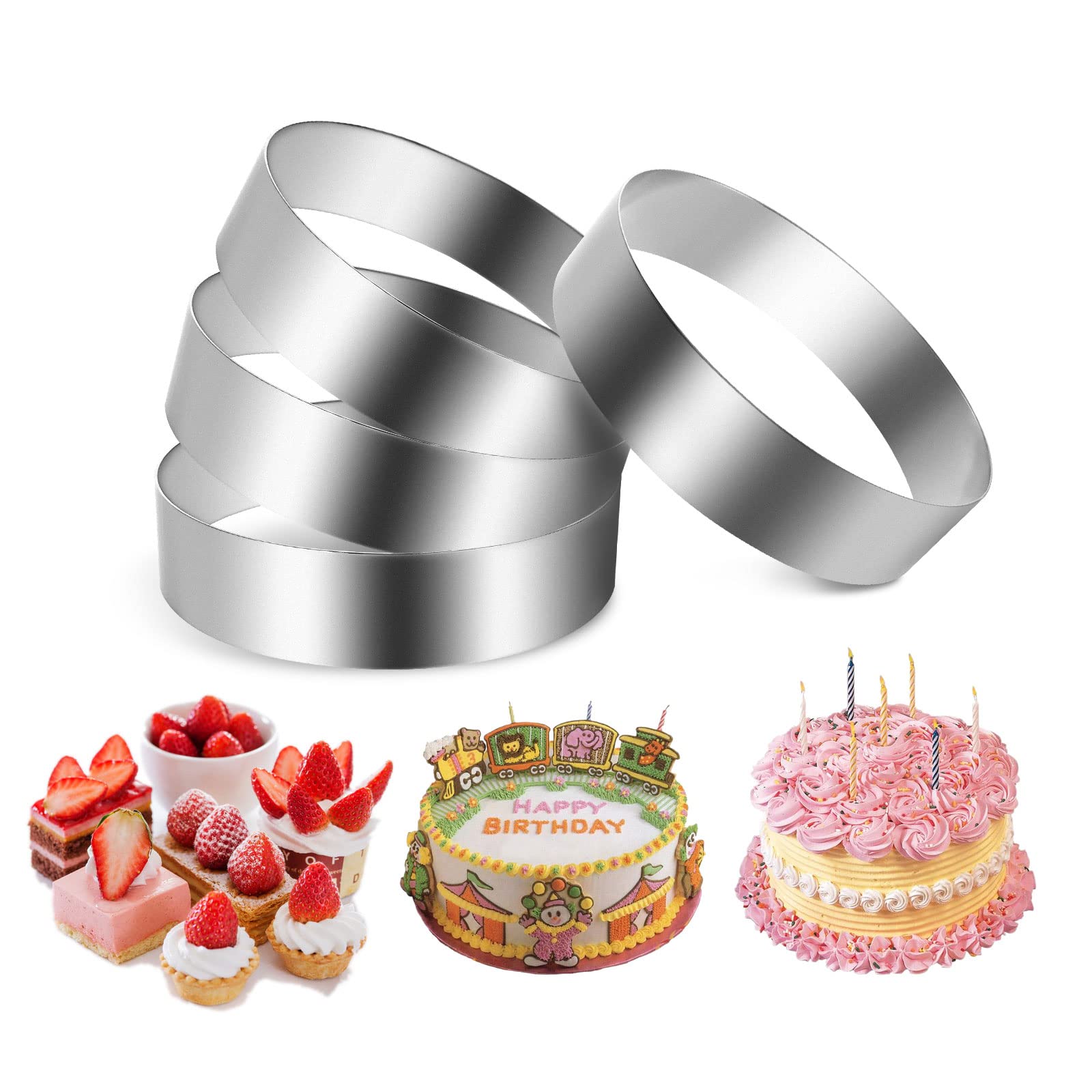 RHBLME 4PCS Cake Ring 8 Inch, Round Cake Rings for Baking, 304 Seamless Stainless Steel Mirror coating Mousse Mould, No Welding Seam Cheese Cake Mousse Ring (2-Inch Height)