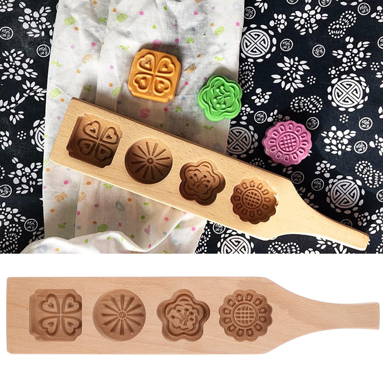 Wooden MoonCake 4 Flower Pattern Mooncake DIY Handmade Press Food Pastry Biscuit Cookie Pumpkin Pie Baking Tool for Home Bakery Dessert Shop(Pattern Two)