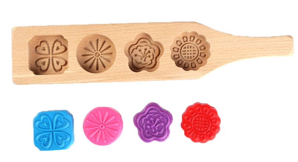 K JINGKELAI MoonCake Mold Chinese Traditional Mid-autumn Festival Moon Cake Mold 4 Flowers Wooden Handmade Baking Mold for Muffin Mooncake Cookie Biscuit Chocolate Pumpkin Pie