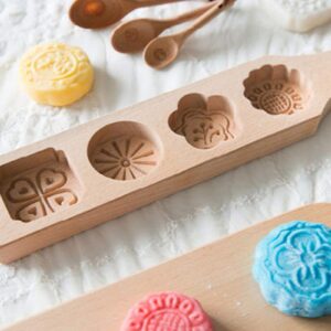 K JINGKELAI MoonCake Mold Chinese Traditional Mid-autumn Festival Moon Cake Mold 4 Flowers Wooden Handmade Baking Mold for Muffin Mooncake Cookie Biscuit Chocolate Pumpkin Pie