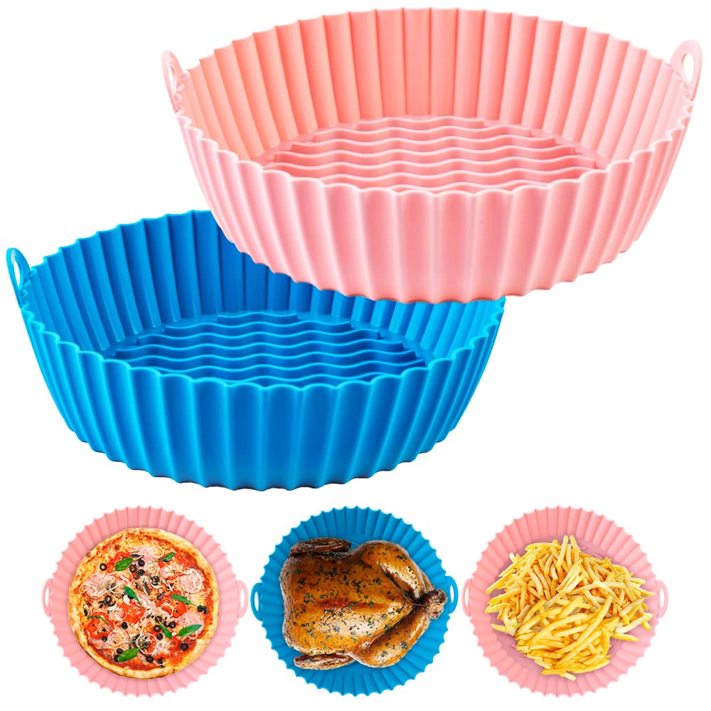 YOOZ 2-Pack Air Fryer Silicone Liners, 7.5-inch Silicone Air Fryer Liners, Air Fryer Silicone Pot is suitable for 3 to 5 QT, Air Fryer Liner Reusable (Blue and Pink)