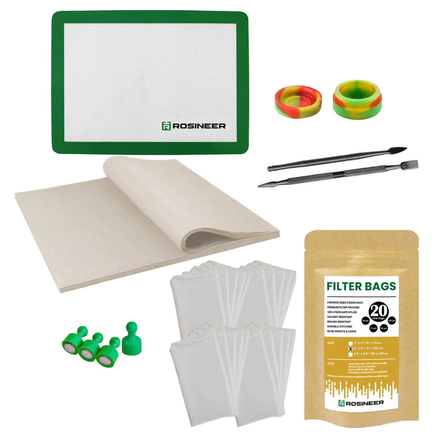 Rosineer Heat Press Starter Kit with and 2" x 4" Premium Nylon Filter Bags Combo (36, 72, 90, 120 microns) - 20 pcs - Bundle