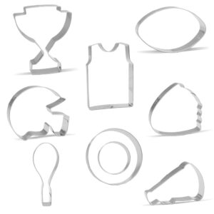 international sport cookie cutter set - 9 piece - football, glove, helmet, megaphone, jersey, baseball, basketball, trophy cup, tennis racket - stainless steel