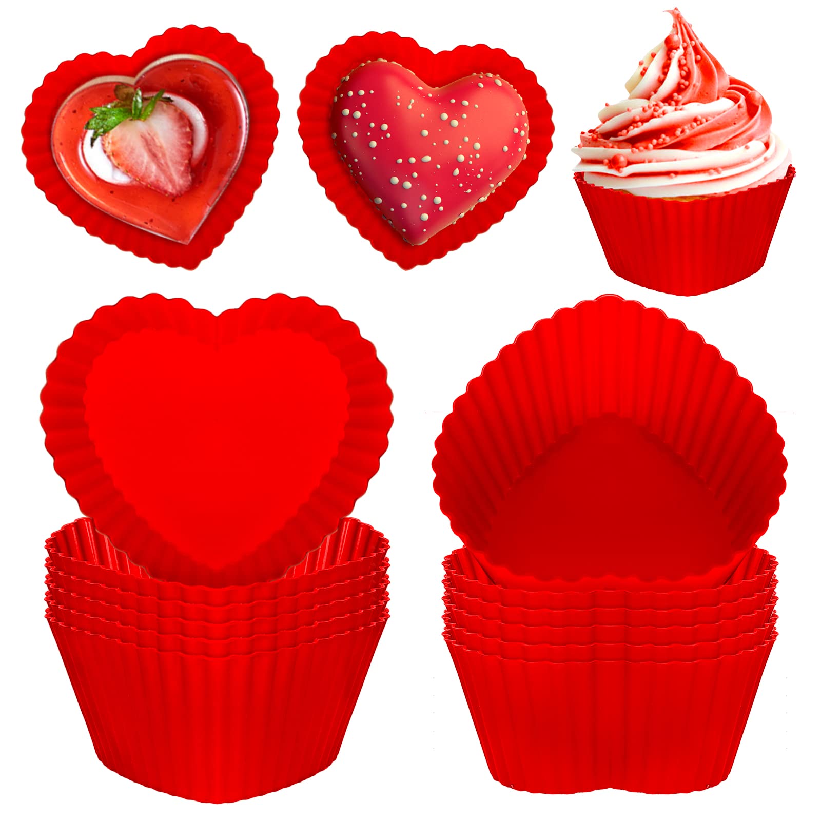 Whaline 36Pcs Baking Cups Heart Cupcake Liners Silicone Non-Stick Pastry Muffin Liner Molds Reusable Storage Container for Wedding Birthday Valentine's Day Party Anniversary DIY Craft, 2.8Inch