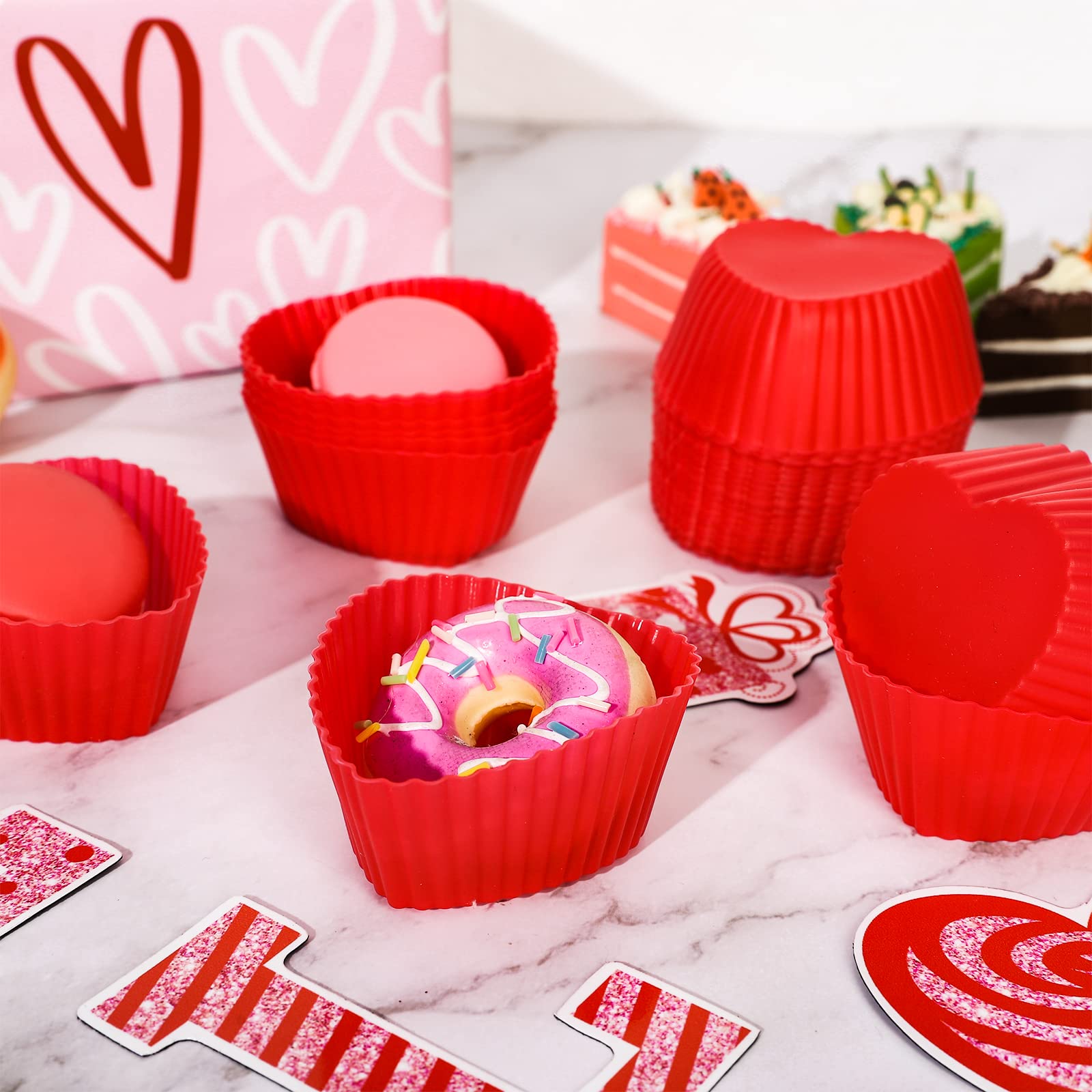 Whaline 36Pcs Baking Cups Heart Cupcake Liners Silicone Non-Stick Pastry Muffin Liner Molds Reusable Storage Container for Wedding Birthday Valentine's Day Party Anniversary DIY Craft, 2.8Inch