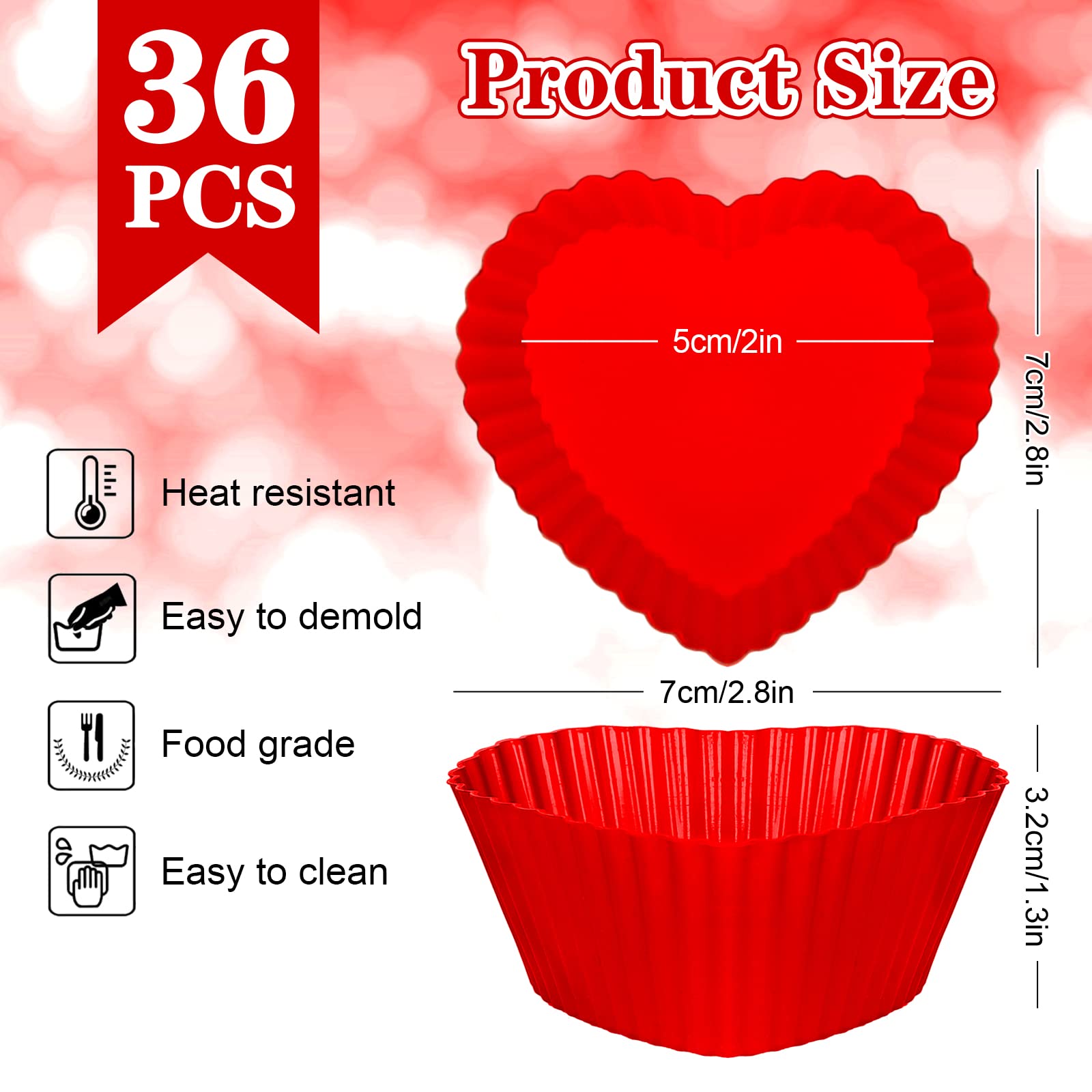 Whaline 36Pcs Baking Cups Heart Cupcake Liners Silicone Non-Stick Pastry Muffin Liner Molds Reusable Storage Container for Wedding Birthday Valentine's Day Party Anniversary DIY Craft, 2.8Inch